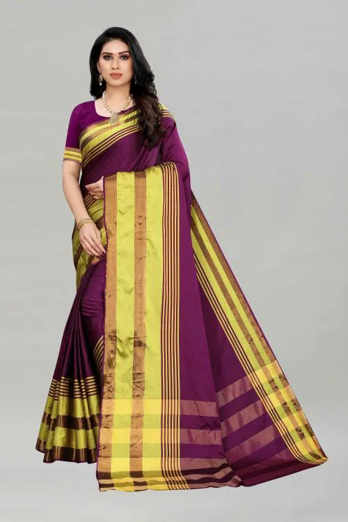 Buy sareya veela Kanjivaram Women Purple Striped Art Silk Sarees Online ...