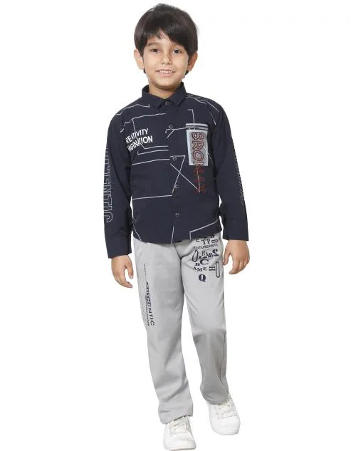 Buy Dkgf Fashion Boys Blue Printed Cotton Blend Casual Shirt Pant ...