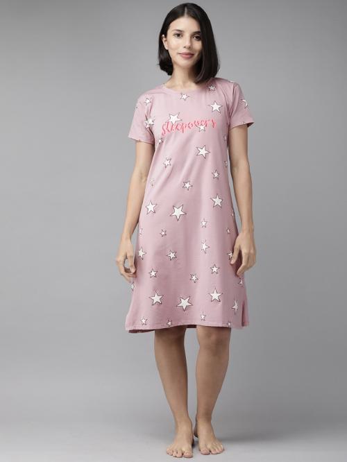 Buy ZEYO Women's Cotton Lavender Night Dress Star Printed Knee Length Night Gown 5637 Online at ...