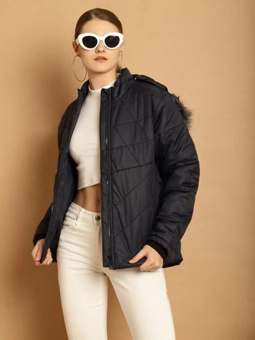 Buy ONNIT Women's Navy winter wear full sleeve solid parka Jacket ...