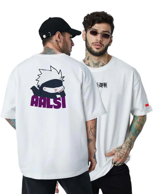 Buy White - Medium Jujutsu Kaisen Logo X Aalsi Gojo Satoru White Oversized T Shirt For Men ...