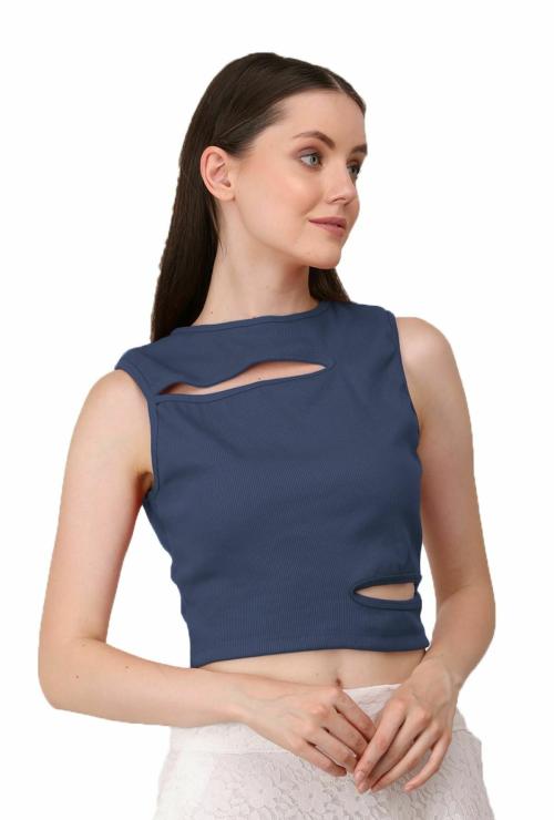 Buy AD2CART A1677 Solid Crew Neck,Stretchy cut out Ribbed crop top ...