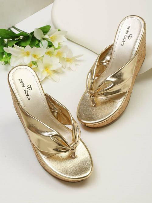 Buy PELLE ALBERO Women Gold Solid Slip-On Wedge Heels Sandals Online at ...