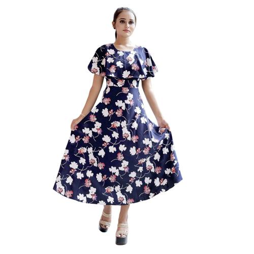 Buy HASMI TRENDZ Fancy Navy Blue Round Neck Cap Sleeve Fit And Flare ...