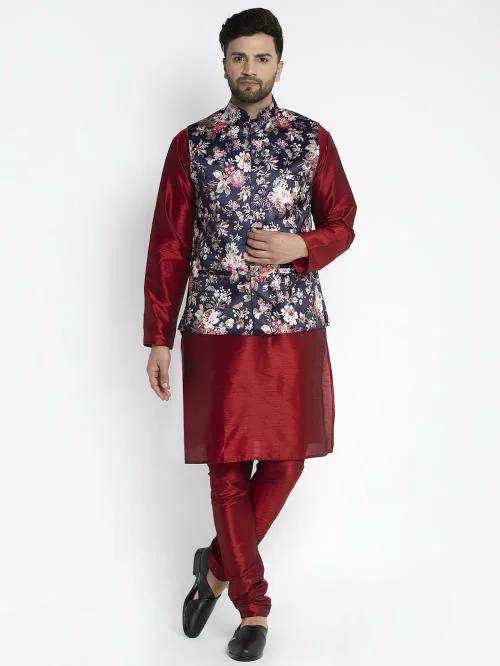 Buy Benstoke Men's Silk Blend Maroon Kurta With Pyjama & Navy Blue ...