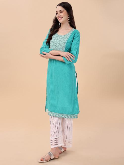 Buy Derifa Women Striped Thread Work Kurta with Palazzos Online at Best ...