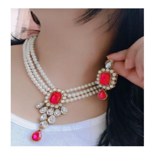 Buy MADHURI 3 lines moti Red diomand Traditional Jewellery Set For ...