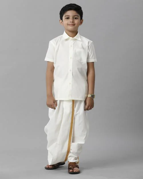 Buy Ramraj Cotton Boys Cream Color Half Sleeve Shirt With Panchakacham ...