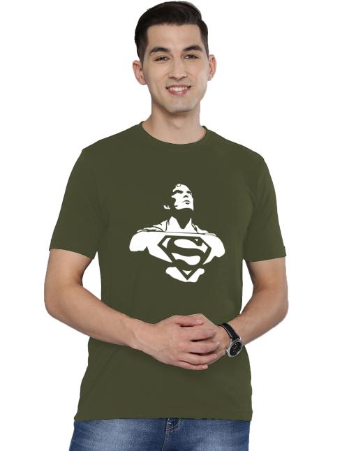 Buy Organic Chics Superman Printed Olive Round Neck Half Sleeve Cotton ...
