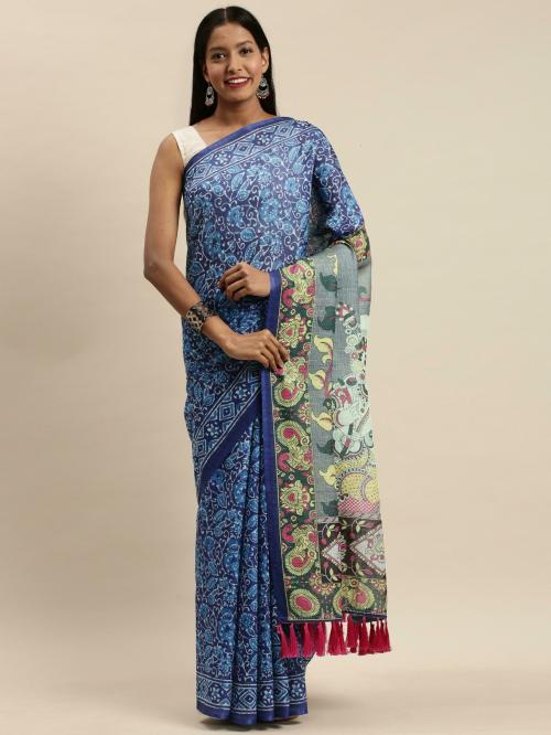 Buy VASTRANAND Women Blue Linen Blend Woven Design Saree Online at Best ...