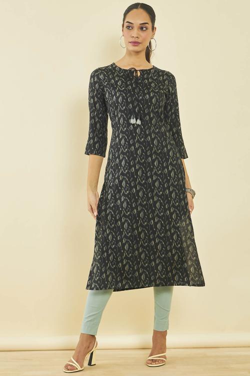 Buy Soch Black Rayon Ikkat Print Kurta With Tassels Online at Best ...