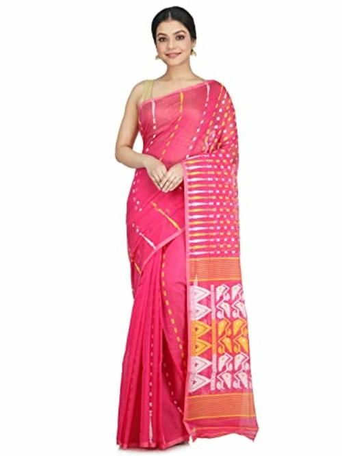 Buy PinkLoom Women Pink Woven Pure Cotton Jamdani Saree Without Blouse Piece Online at Best ...