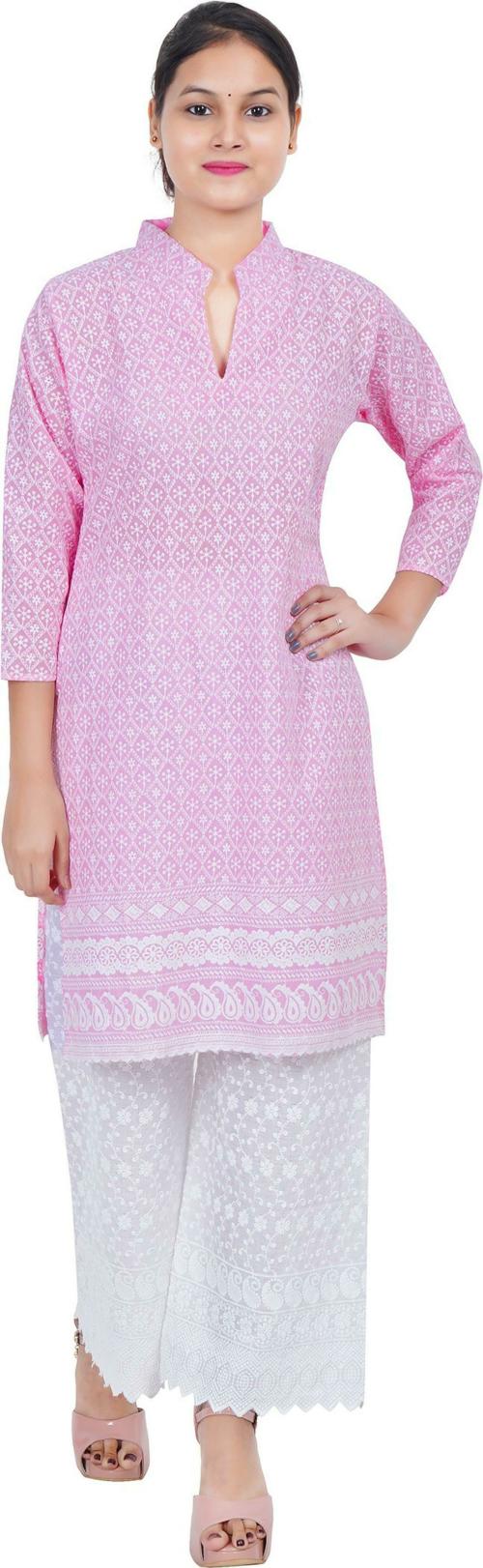 Buy Trendzmy Women Pink Chikan Embroidery Cotton Blend Straight Kurta ...