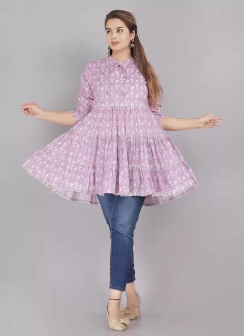 Buy Vipy Hanger Pure Cotton Round Neck Printed Flared Kurta for Women ...