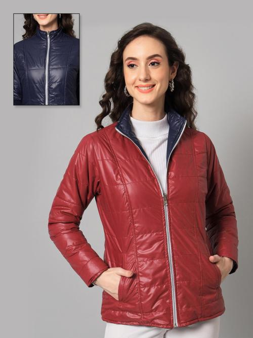 Buy Purys Women Maroon, Dark Blue Solid Polyester Quilted Jacket Online ...