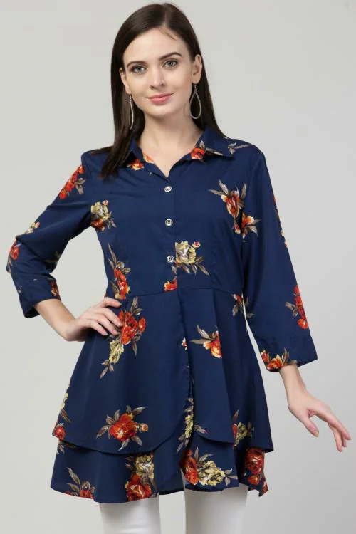 Buy Lilyn Women Dark Blue Floral Print Crepe Layered Dress (M) Online ...