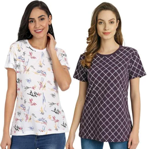 Buy CHOZI Women Purple, White Printed Cotton Blend Pack of 2 T-Shirt ...