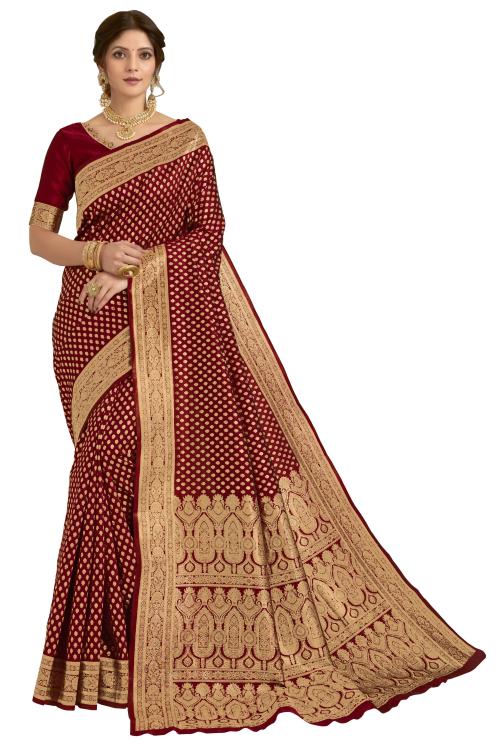 Buy Sariya Woven Banarasi Silk Blend Jacquard Saree (Maroon) Online at ...