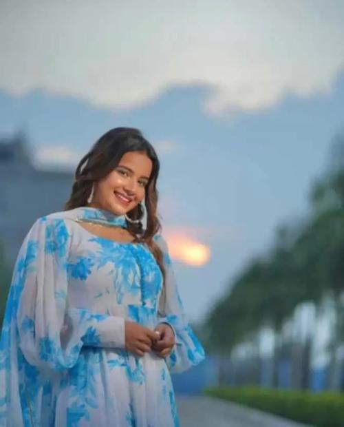 Buy Jesvi Women Light Blue and White Floral Print Georgette Anarkali Kurta and Dupatta Set - L ...