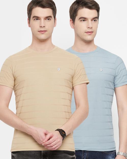 Buy OGEN Men's Pack of 2 Cotton Blend Half Sleeves Striper Round Neck T-shirt Online at Best ...