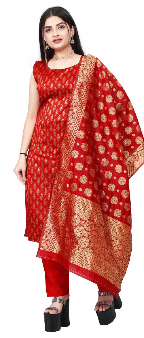 Buy Eilara Women's Silk Blend Red Straight Kutra, Pant with Dupatta ...