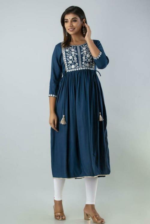 Buy Neelmani Women Dark Blue Embroidered Viscose Rayon Flared Kurta -M ...