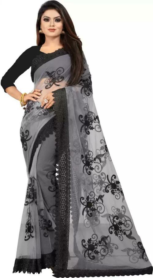 Buy Febo Fashion Women Grey Embroidered Net Single Saree Online at Best ...