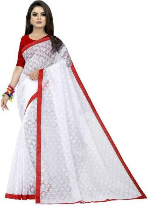 Buy VANRAJ CREATION Women White and Red Self Design Net Saree Online at ...