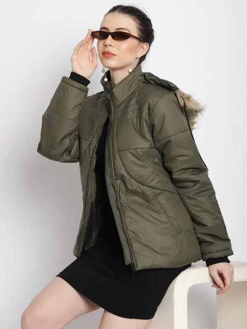 Buy ONNIT Women's Olive winter wear full sleeve solid parka Jacket ...