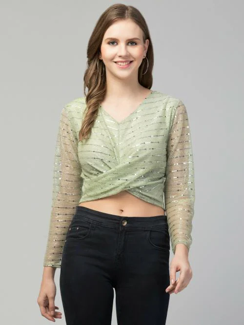 Buy Bitsy Owl Women Light Green Striped Net Crop Top|TOPS|WOMEN TOPS ...