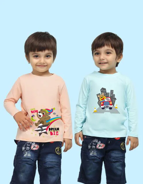 Buy Nusyl infants bear & road printed baby peach & baby blue tshirt ...