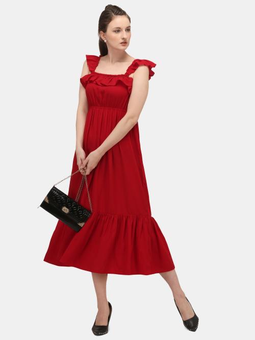 Buy MESMORA Fashion Destination Red Hot Ruffled Knee Length Plain Maxi ...
