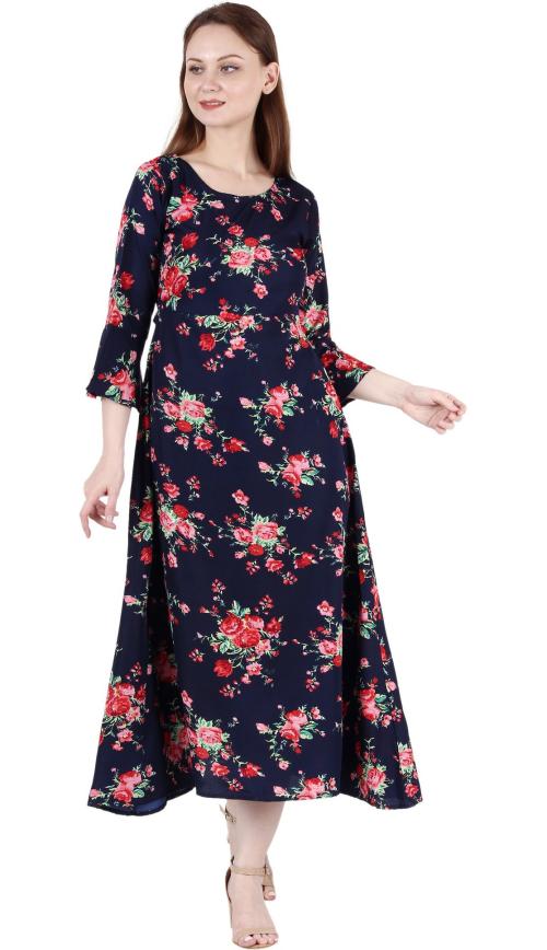 Buy HUNOOR Womens Navy Blue Printed Crepe Straight Gown Online at Best ...