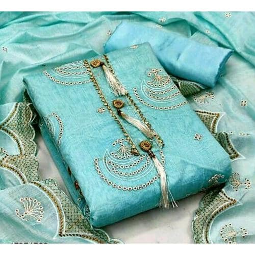 Buy GURHAL Embroidered Chanderi Unstitched Dress Material Light Blue ...