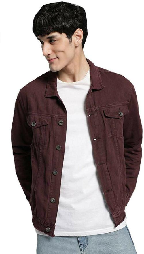 Buy Klizen Men Maroon Solid Denim Blend Full Sleeve Jacket Online at ...