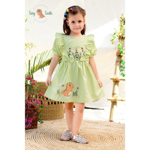 Buy Tiny Twills Floral Embroidered With Dino Embroidery On Flare kids Dress Color- Green || 7-8Y ...