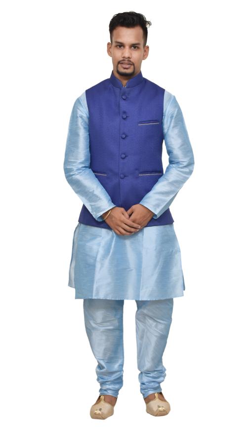 Buy HFP Men's Sky Blue Matching silk Kurta Churidhar With Royal Blue ...