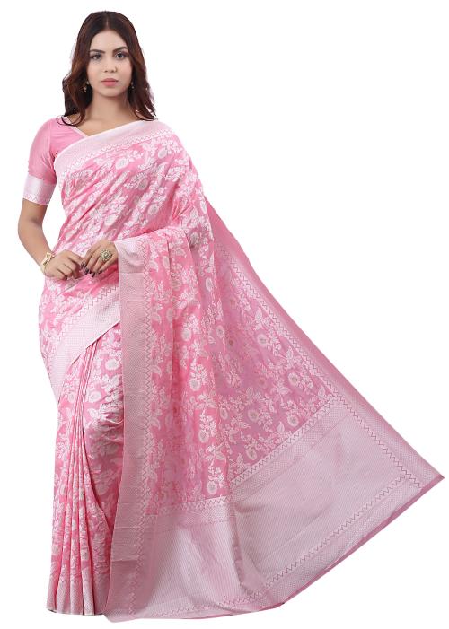 Buy Sariya Woven Lucknow Chikankari Silk Blend, Jacquard Saree (Pink ...