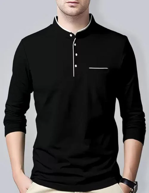 Buy WRODSS Men Solid Mandarin Collar Black T-Shirt(XL) Online at Best ...