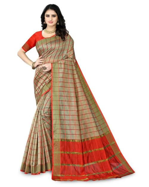 Buy VAIRAGEE Women Beige Kota Silk Checked Saree with Blouse Piece ...