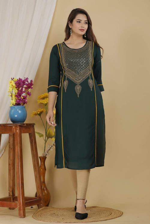 Buy Mehsoos Women Dark Green Embroidered Viscose Rayon Straight Kurta ...