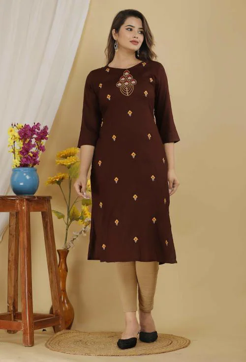 Buy Mehsoos Women Orange Embroidered Viscose Rayon Straight Kurta ...