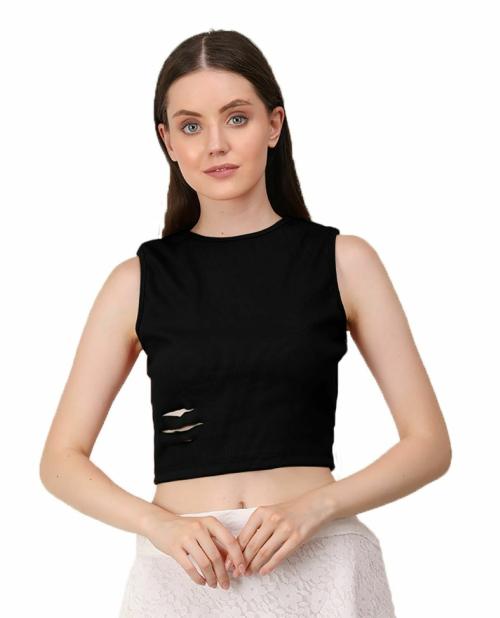 Buy AD2CART A1678 Women's Solid Crew Neck Stretchy Cut Out Ribbed Crop ...