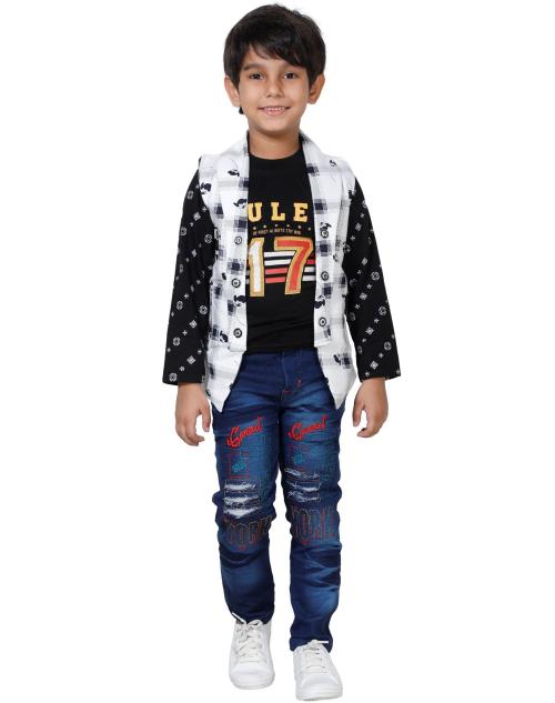 Buy Dkgf Fashion Boys White Printed Cotton Blend T-shirt Jeans Online ...