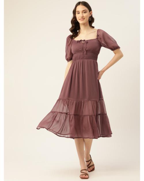 Buy Rue Collection Mauve Puff Sleeves Cotton Midi Dress Online at Best ...