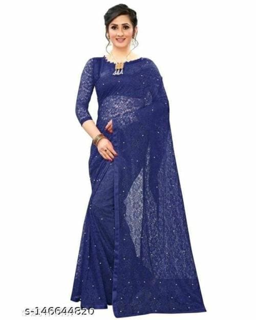 Buy Vkaran Women's Navy Blue Net Embroidered Saree With Blouse Online ...