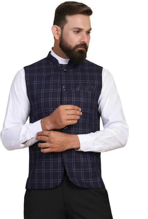 Buy Tahvo Men Blue Checkered Tweed Nehru Jacket (42) Online at Best ...