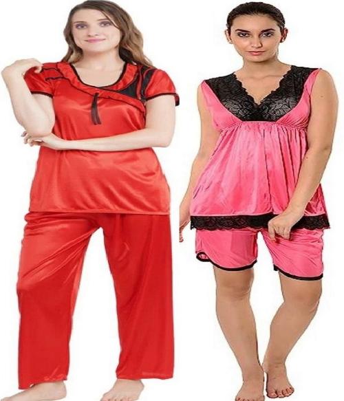 Buy BEAUTY CRAZE Women's Satin Solid Short And Long Night Suit Combo ...