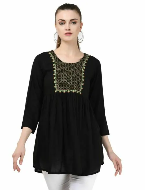 Buy SAAKAA Women's Rayon Black Embroidery Top Online at Best Prices in ...