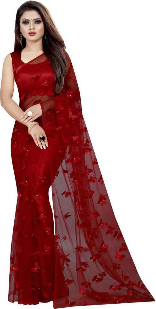 Buy N V Patel Women Maroon Embroidered Net Bollywood Saree Online at ...